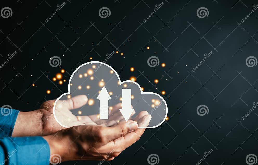 Hand Holding Virtual Cloud Computing To Download and Loading Data Information and Upload on ...