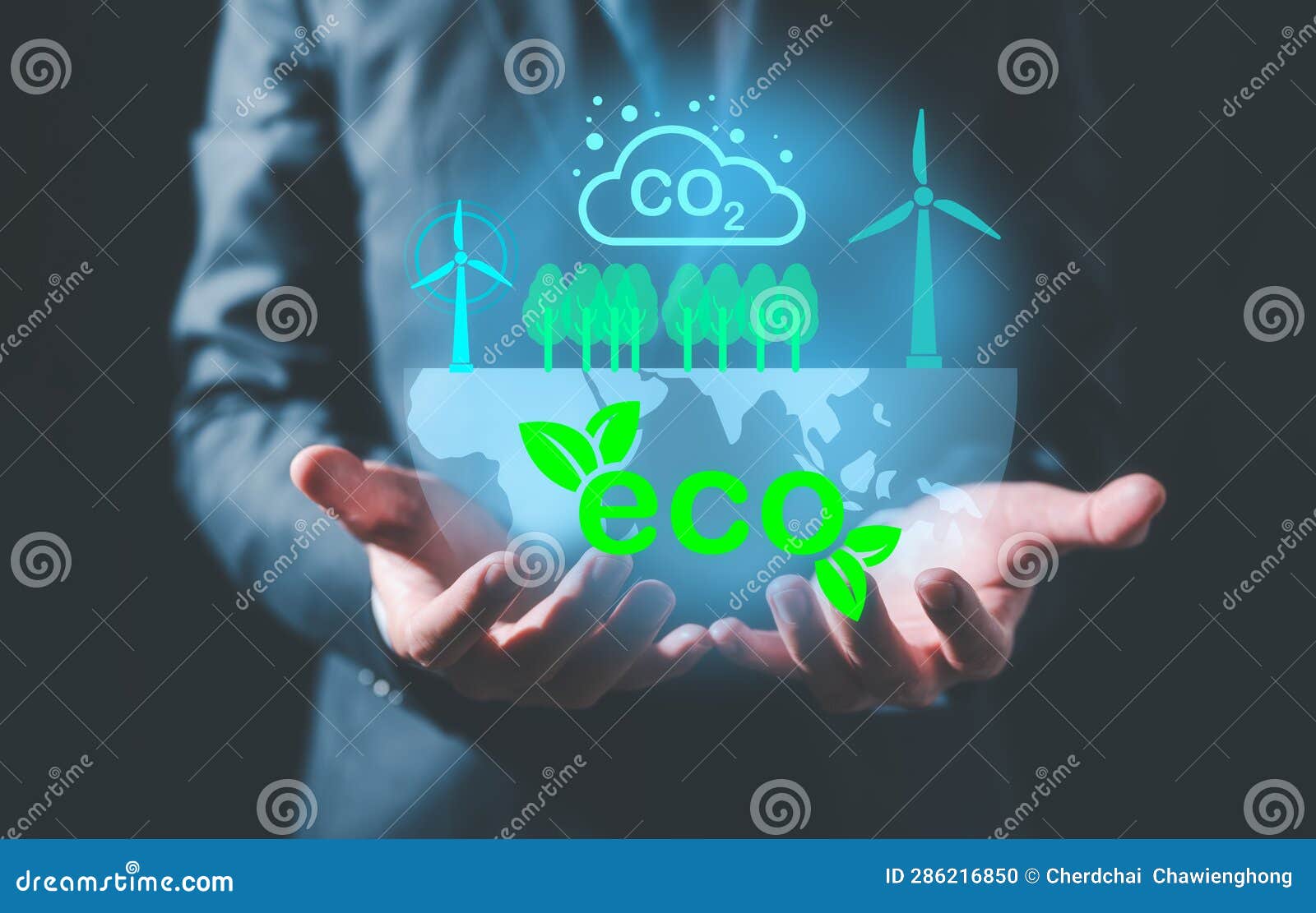 Hand Holding Virtual Glob and Sign CO2 Reducing Icon in Concept of Decrease Carbon Dioxide ...