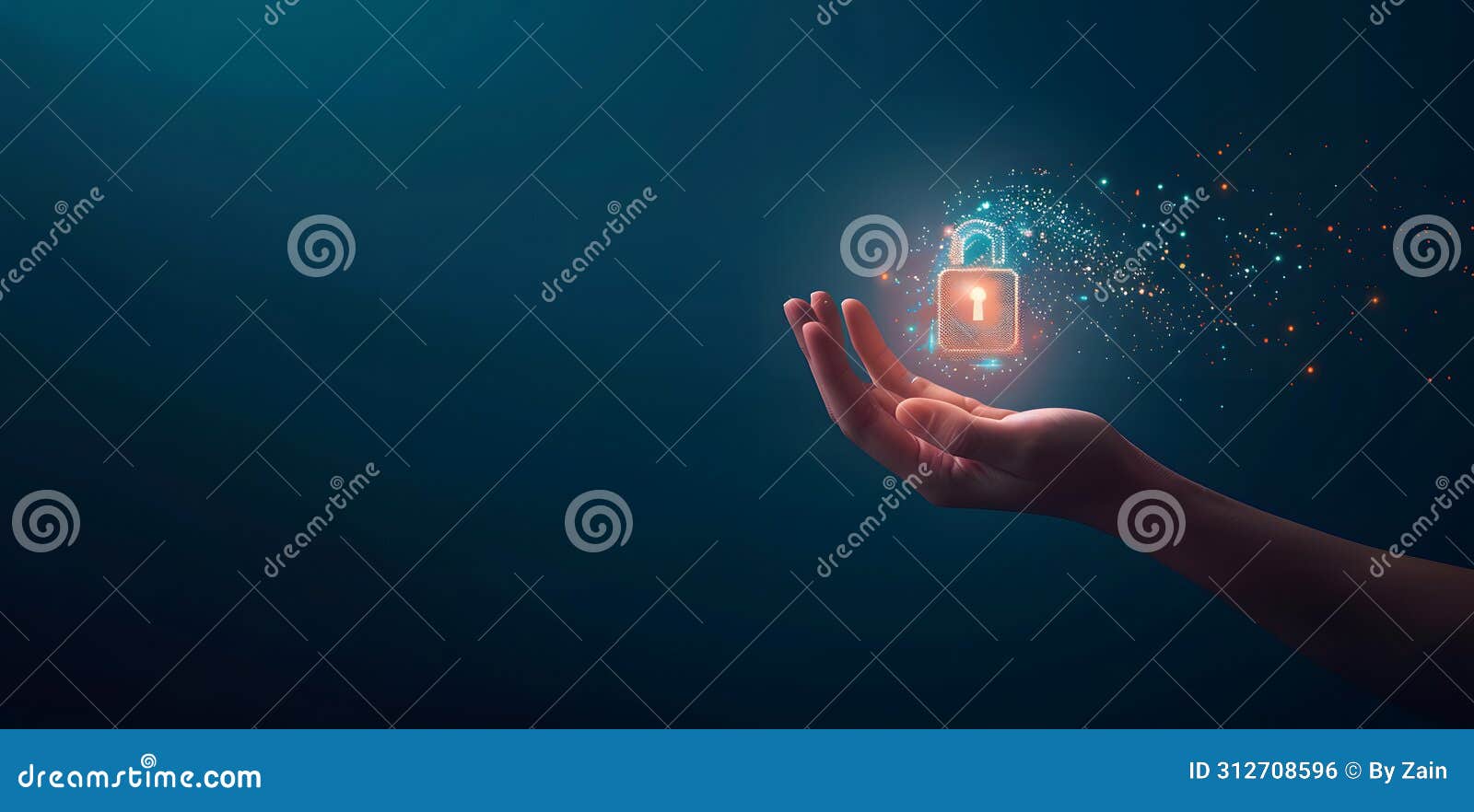 Hand Holding a Virtual Padlock Icon on a Dark Blue Background Stock ...