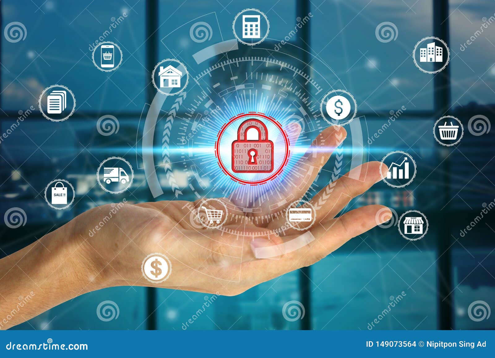 Hand Holding with Virtual Padlock Icon Over the Network Connection ...