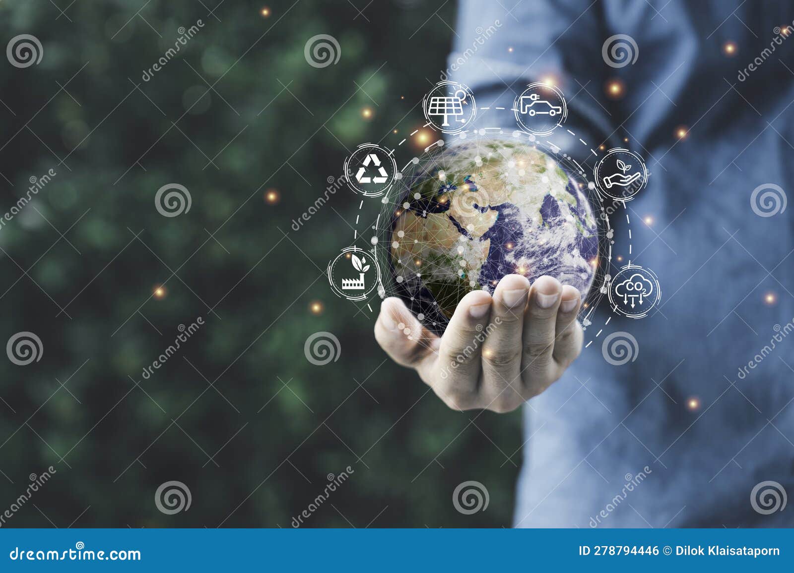 Hand Holding Virtual World with CO2 Reducing ,Recycle ,green Factory Icon on Nature for Decrease ...