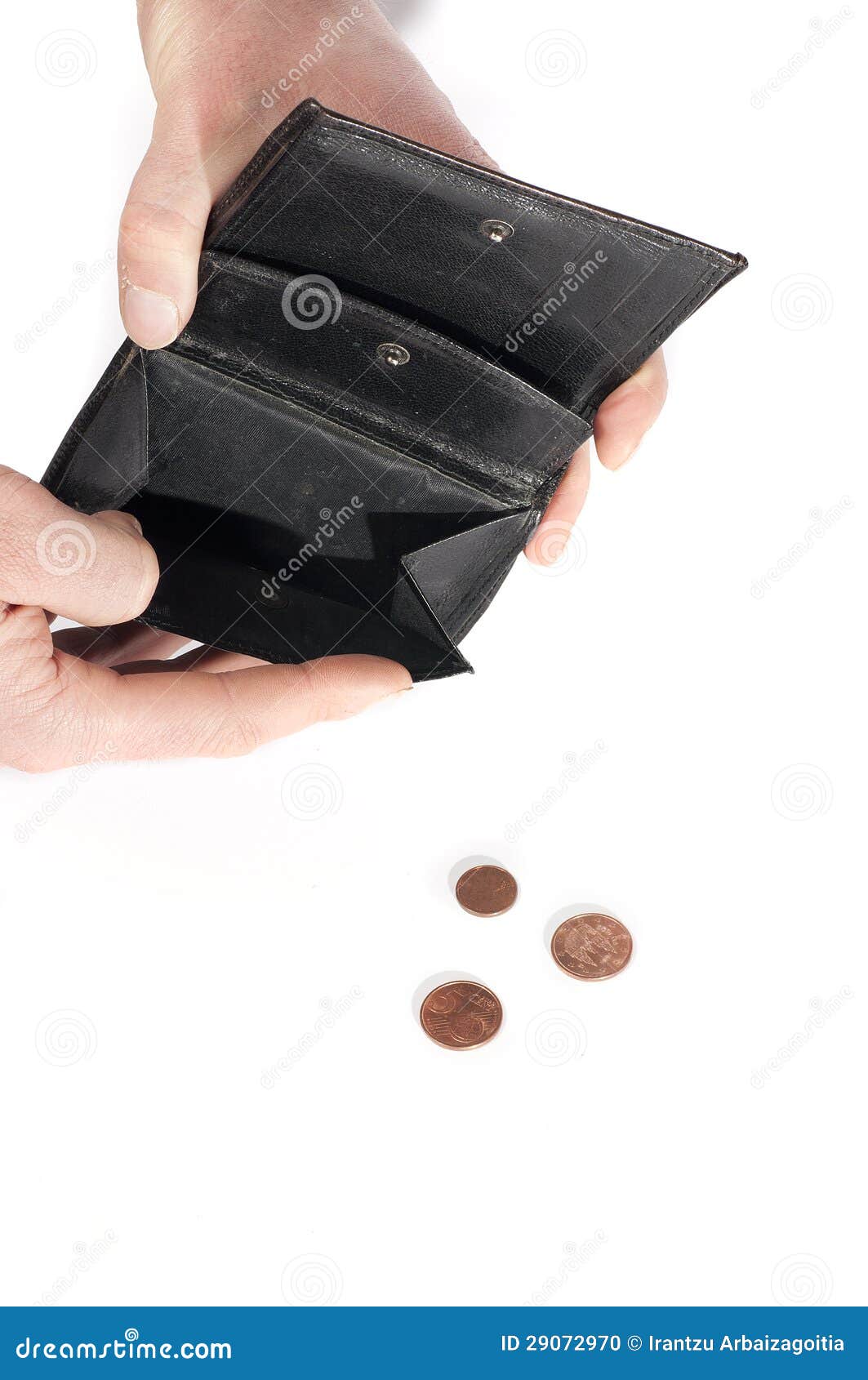 Hand Holding a Wallet almost Empty, with a Few Coins, Isolated Stock ...