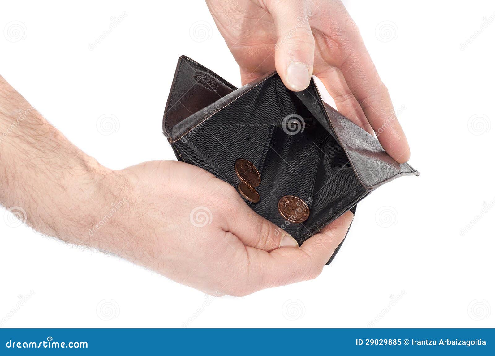 Hand Holding a Wallet almost Empty, with a Few Coins, Isolated on White ...