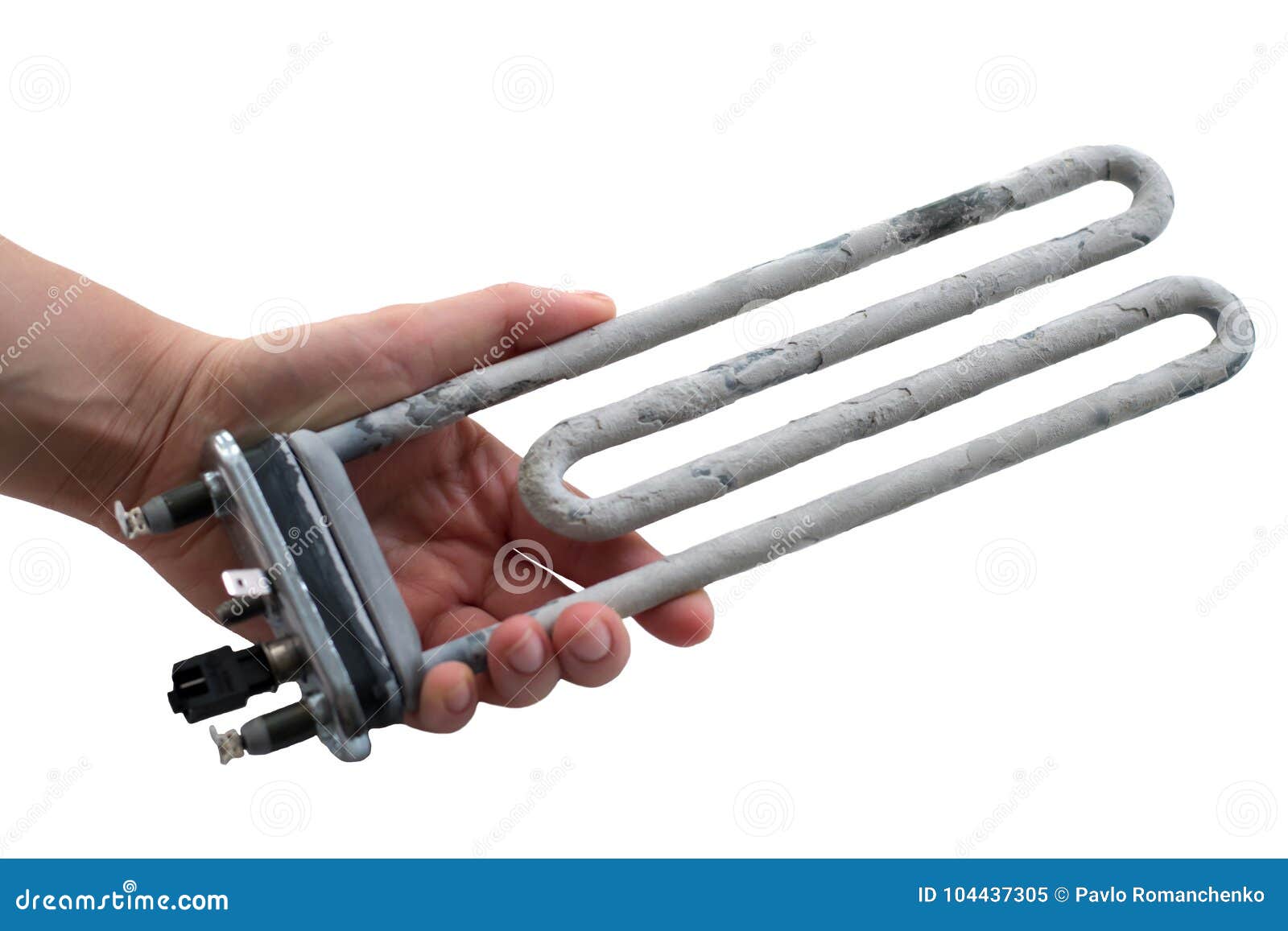 Hand Holding Washing Machine Heater with Scum on a White Background ...