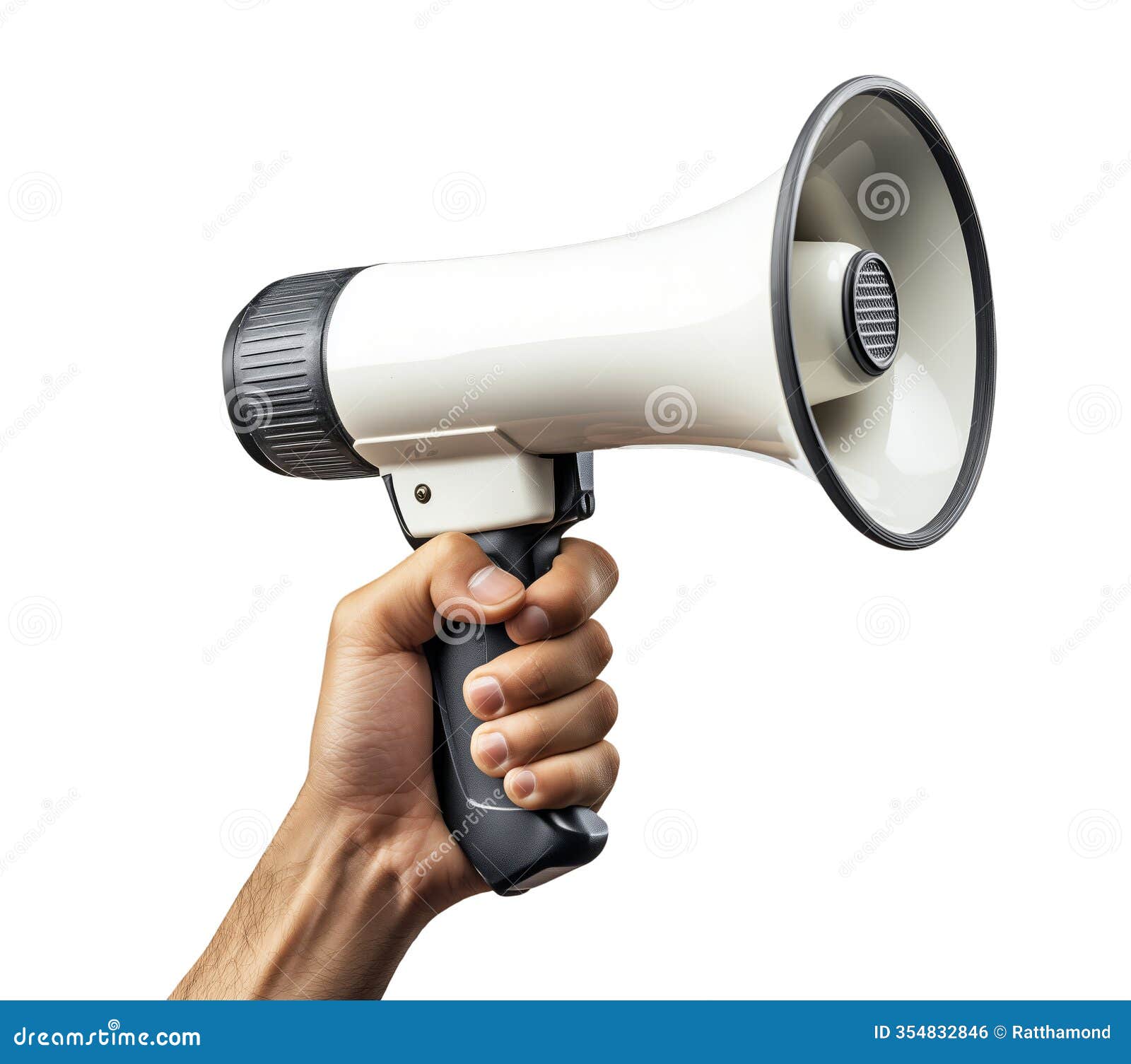 A Hand Holding a White Megaphone with a Black Handle is Isolated on a ...