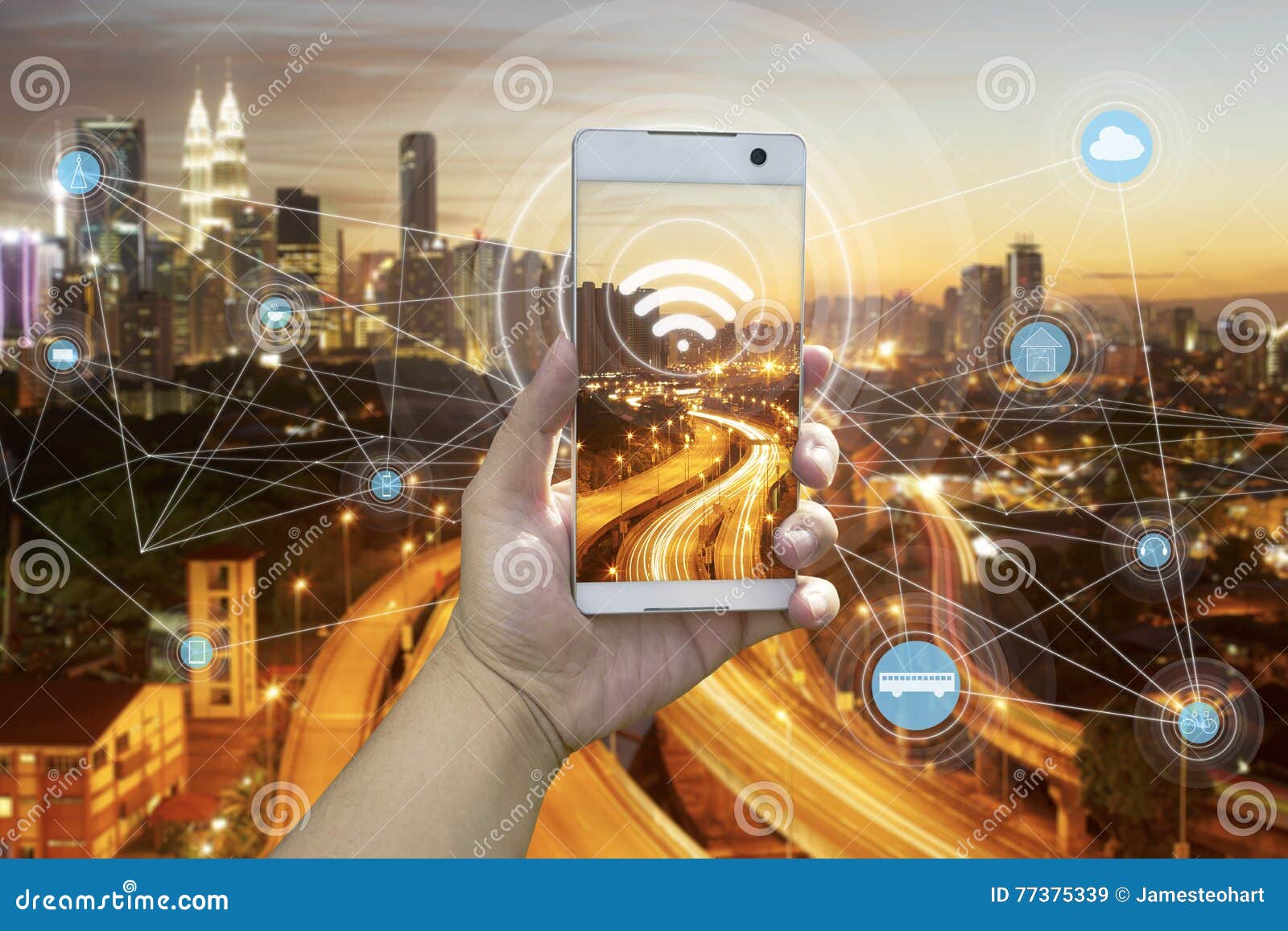 Hand Holding White Phone with City Scape Stock Image - Image of ...