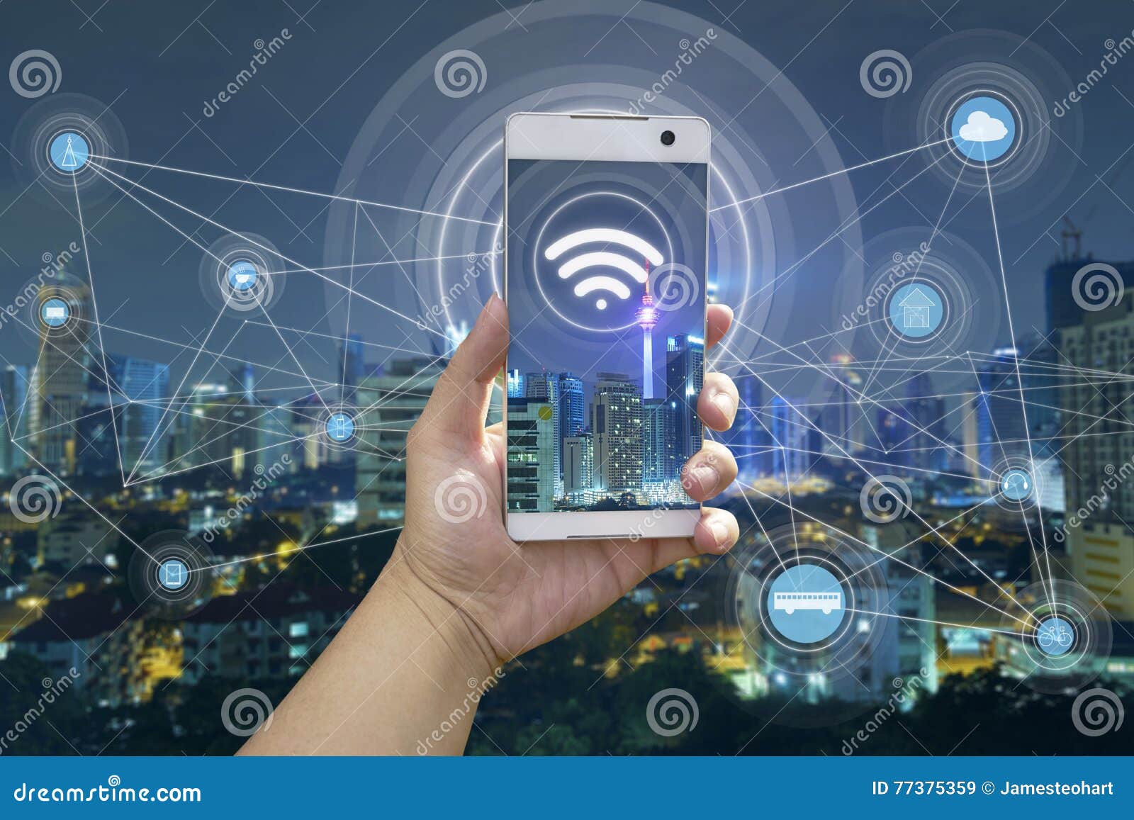 Hand Holding White Phone with City Scape Stock Image - Image of ...