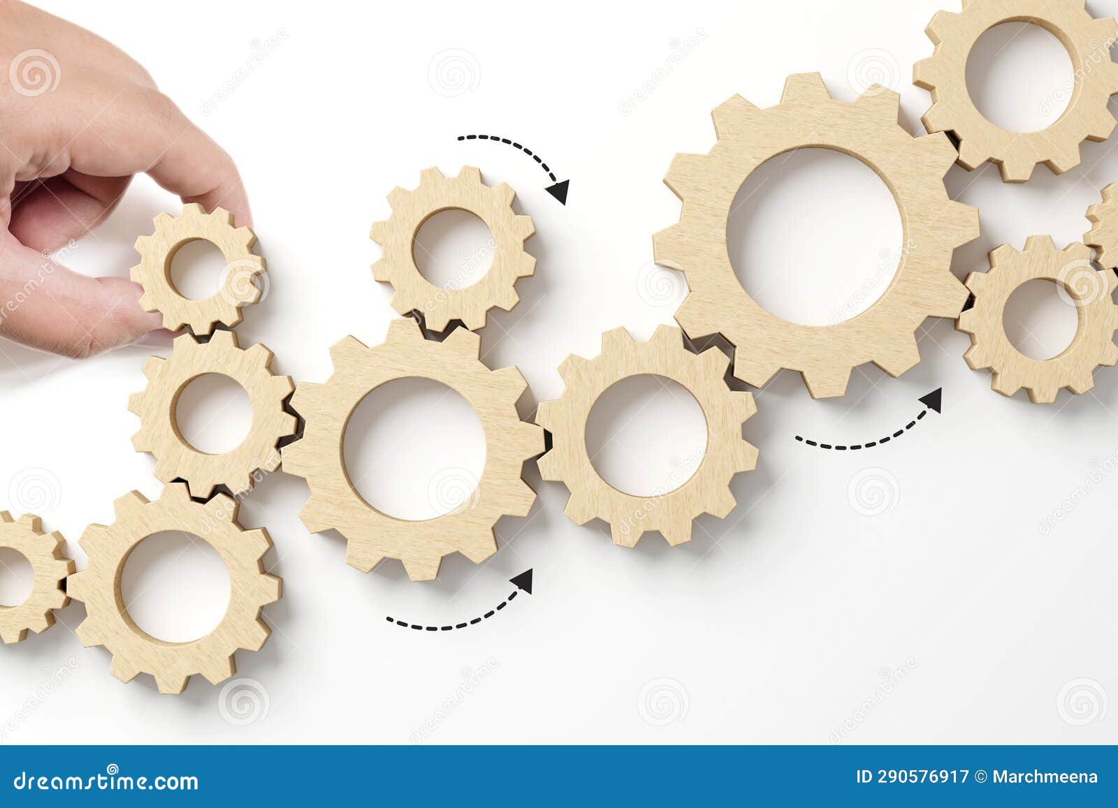 Hand Holding Wooden Cog Flowing Process Management on White Background ...