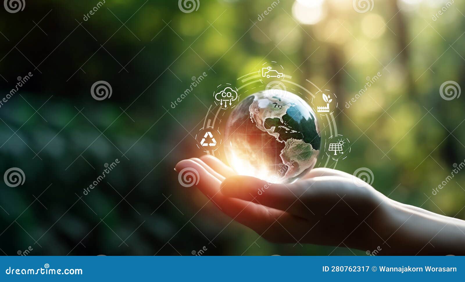 Hand Holding World with CO2 Reducing ,Recycle ,green Factory Icon on ...
