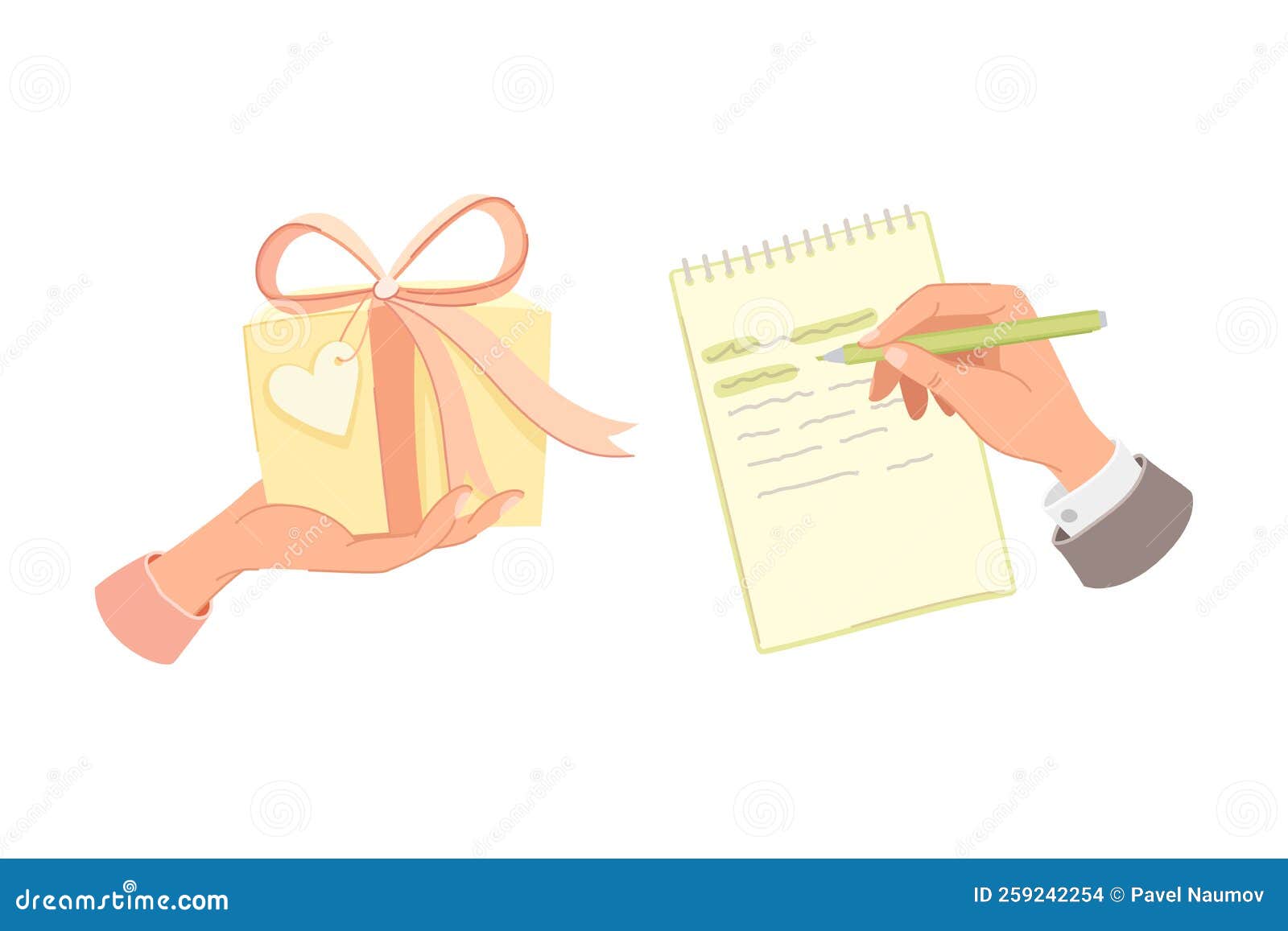 Hand Holding Wrapped Gift Box and Writing in Notepad Vector Set Stock ...