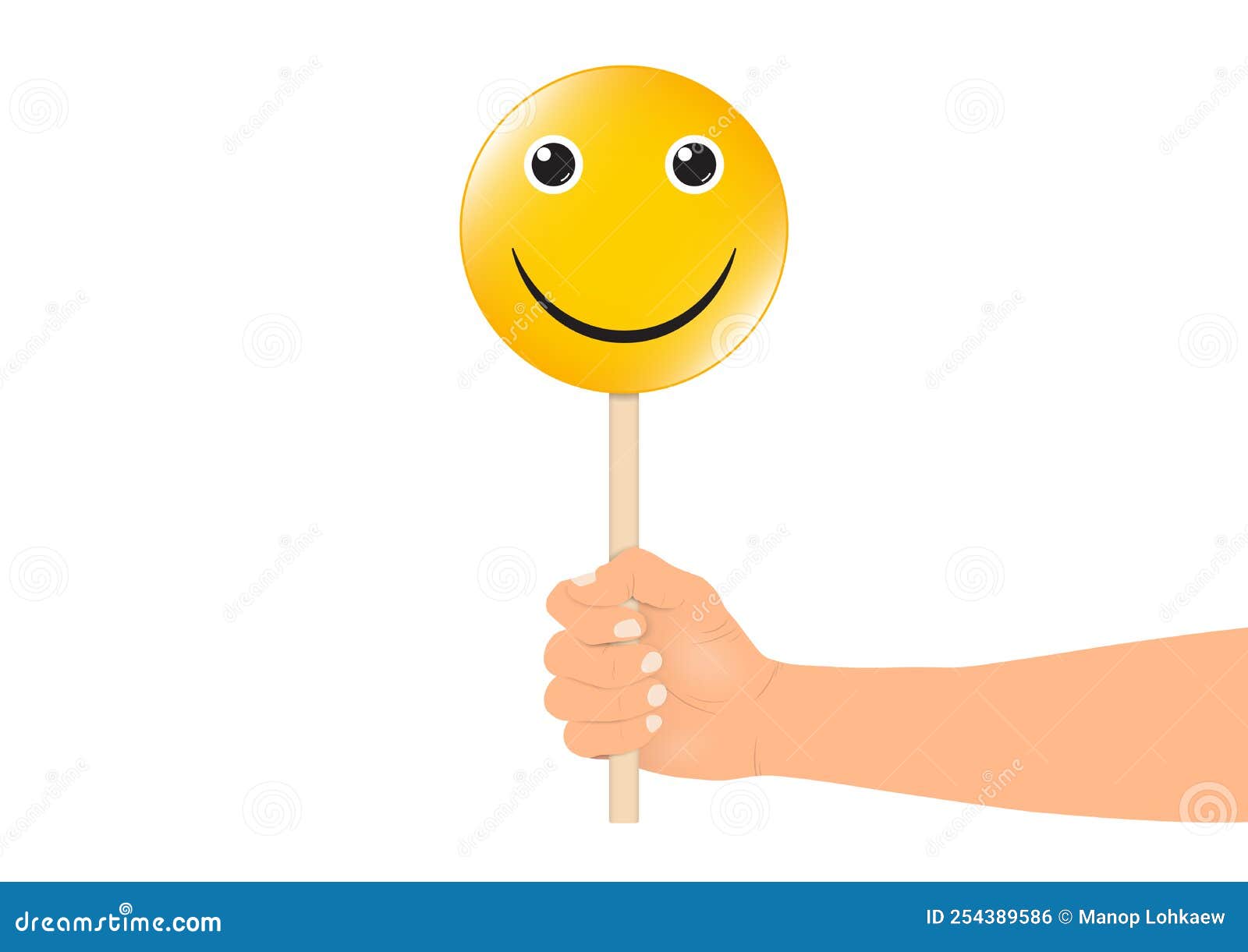 Hand Holding Yellow Smiling Face Sign on Stick Vector Illustration ...