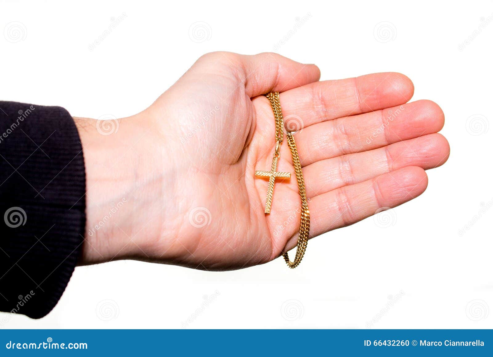 Hand Holds a Chain with Gold Crucifix Stock Photo - Image of golden ...