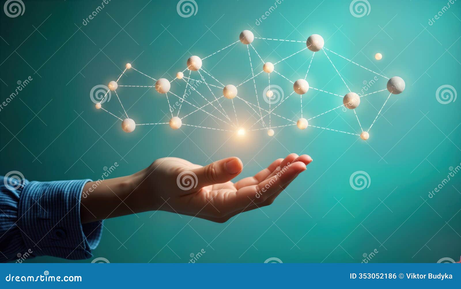 Hand Holds Digital Network. Connected Spheres Float in Air. Tech ...