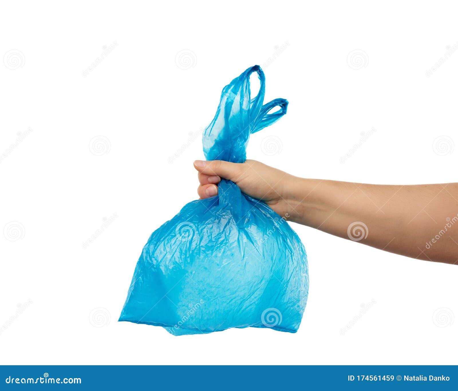 Hand Holds an Empty Blue Plastic Bag on a White Background Stock Image ...