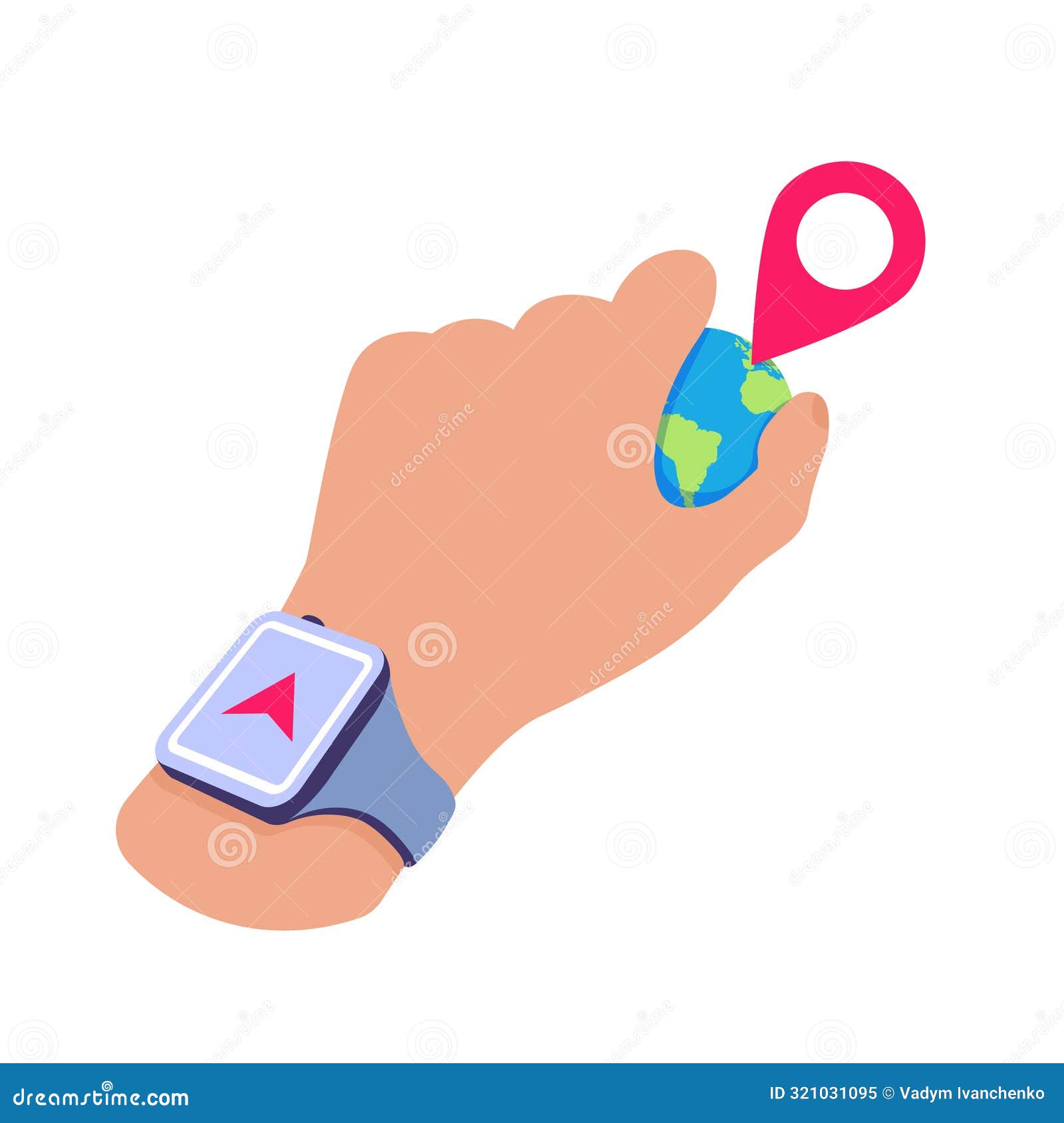Hand Holds a Globe. Smart Watch on Display with a Red Arrow on the ...