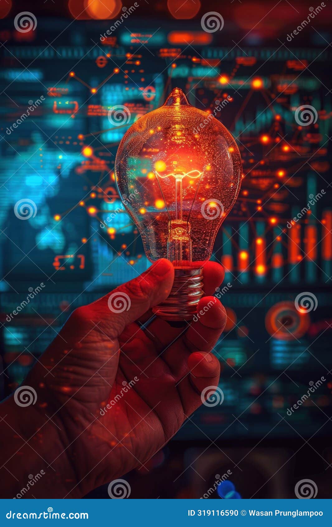 A Hand Holds a Glowing Lightbulb Against a Backdrop of Colorful Data ...