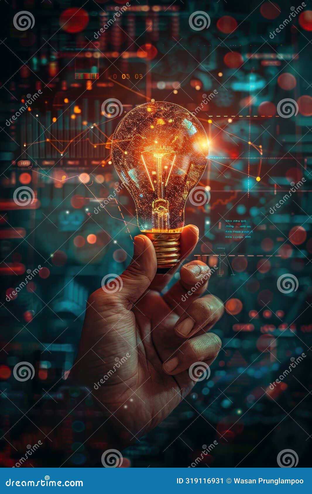 A Hand Holds a Glowing Lightbulb Against a Backdrop of Colorful Data ...