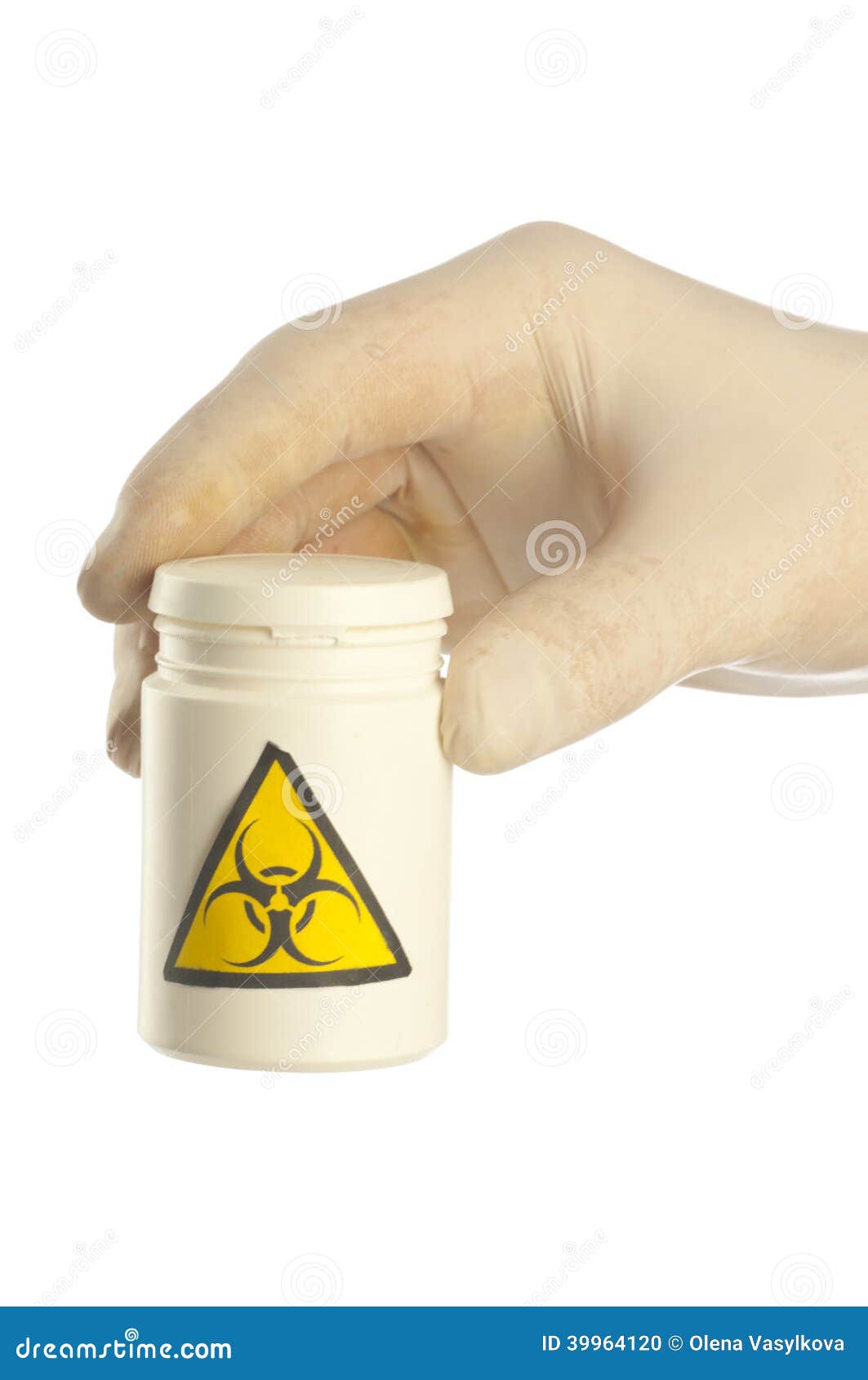 Hand Holds Jar of Medicament with Symbol Biohazard. Stock Photo - Image ...