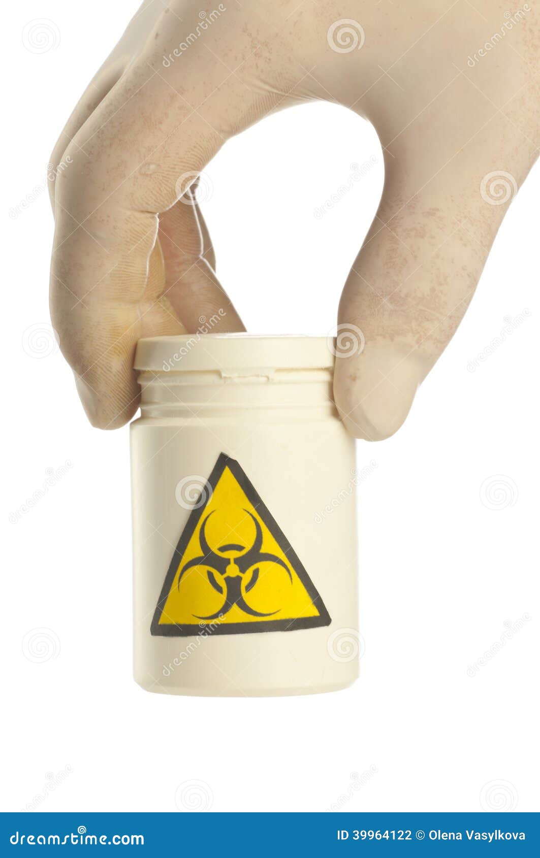 Hand Holds Jar of Medicament with Symbol Biohazard. Stock Photo - Image ...