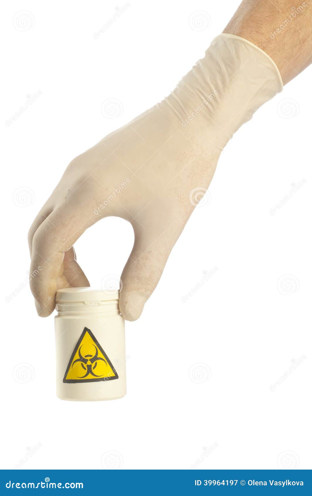 Hand Holds Jar of Medicament with Symbol Biohazard. Stock Image - Image ...