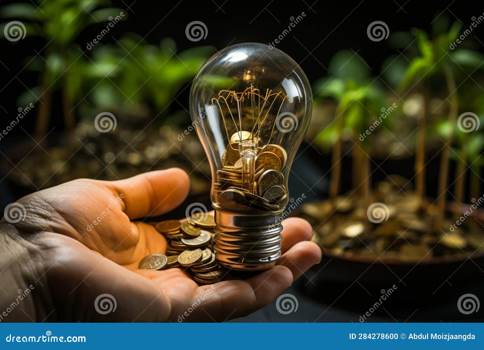 Hand Holds a Light Bulb Amidst a Stack of Coins, Representing Creative ...