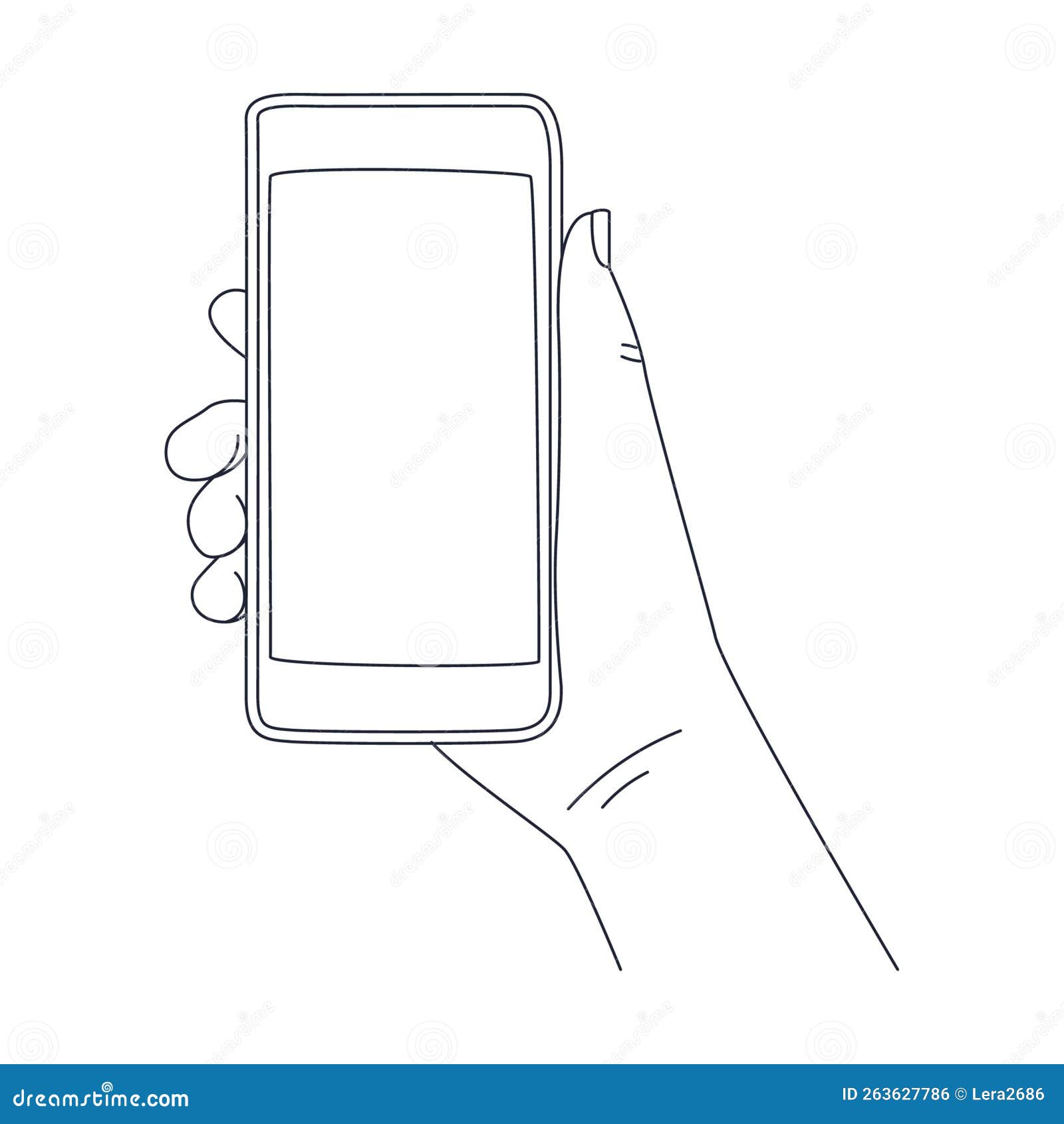 The Hand Holds the Phone. Blank Screen with Empty Space. Outline Doodle ...