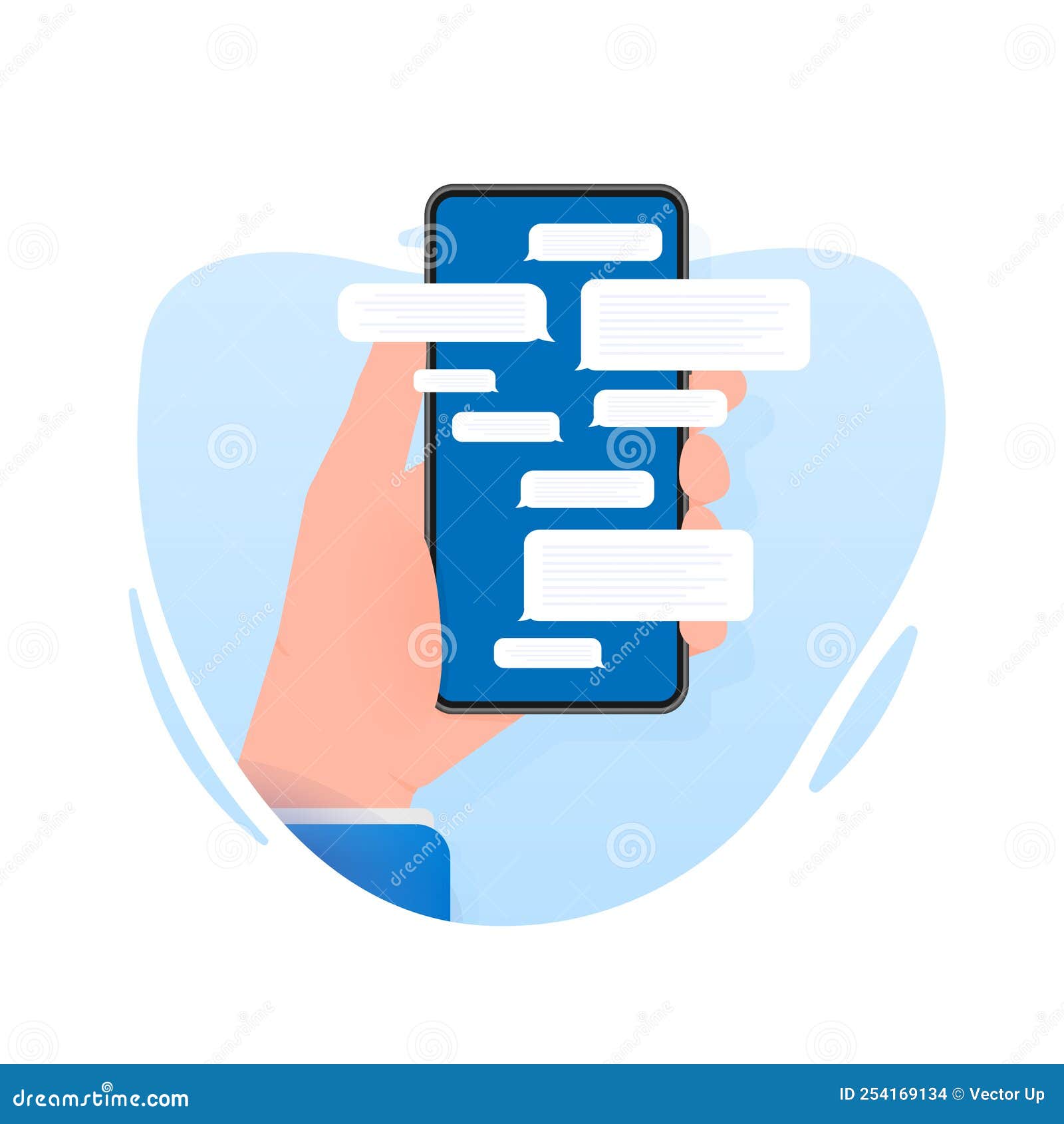 Hand Holds Phone with Chat Message on Blue Background. Vector ...