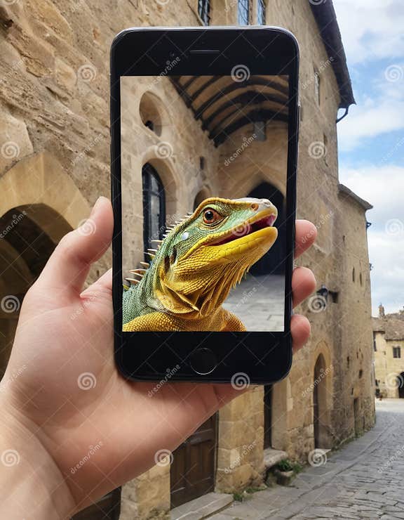 Hand Holding Smartphone with Lizard Emerging from Screen Stock ...