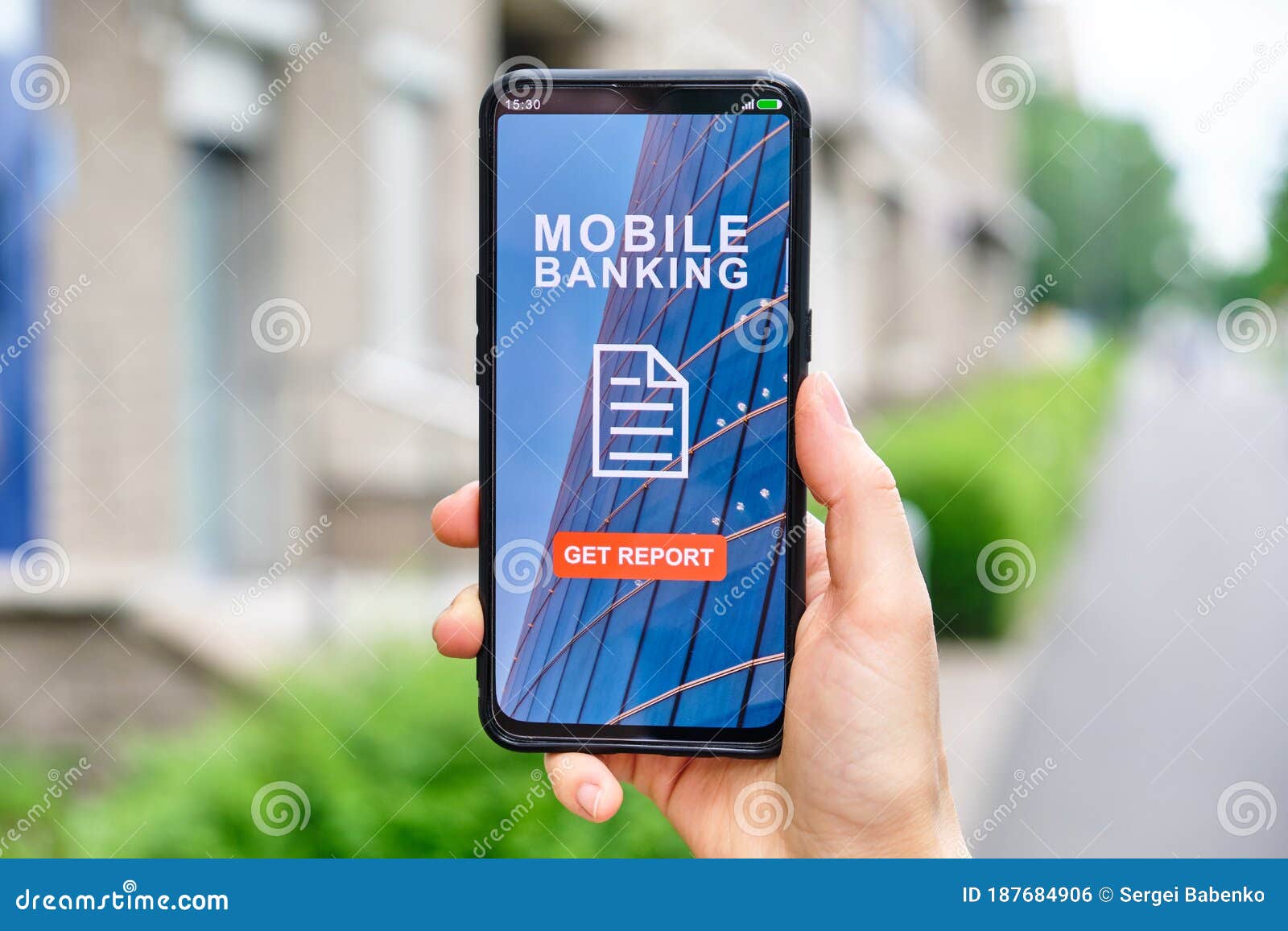 Hand Holds Smartphone with Mobile Banking Interface and Click To Get a ...