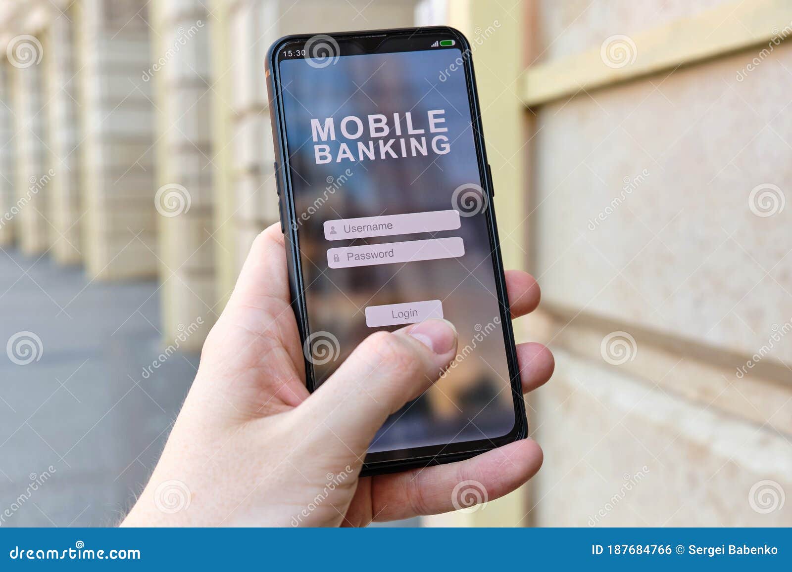 Hand Holds Smartphone with Mobile Banking and Login and Password ... Hand Holds Smartphone with Mobile Banking and Login and Password ...