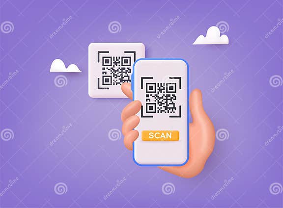 Hand Holds Smartphone and Push Button To Scans Qr Code for Online Payment. 3D Web Vector ...