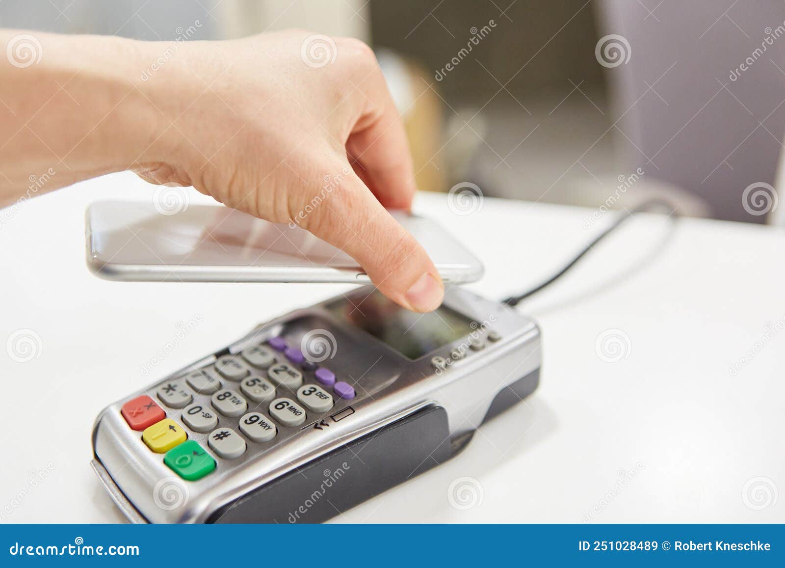 Hand Holds Smartphone Via NFC Reader when Paying Stock Image - Image of ...