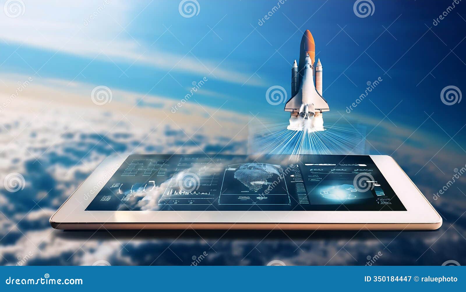 Hand Holds a Tablet with a Digital Interface, from Which a Rocket is ...