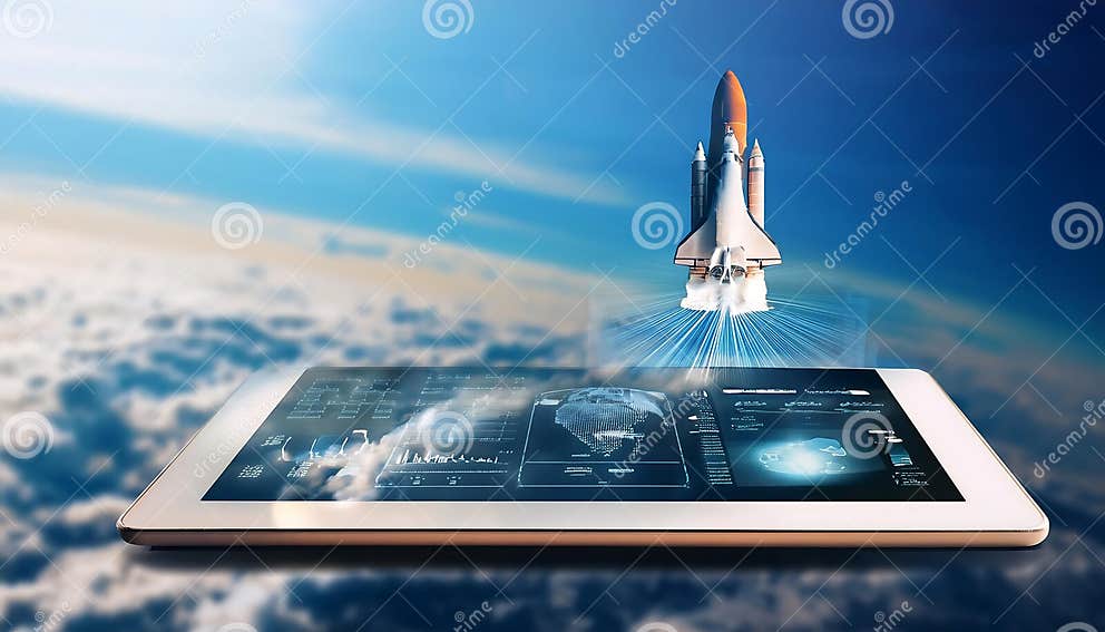 Hand Holds a Tablet with a Digital Interface, from Which a Rocket is ...