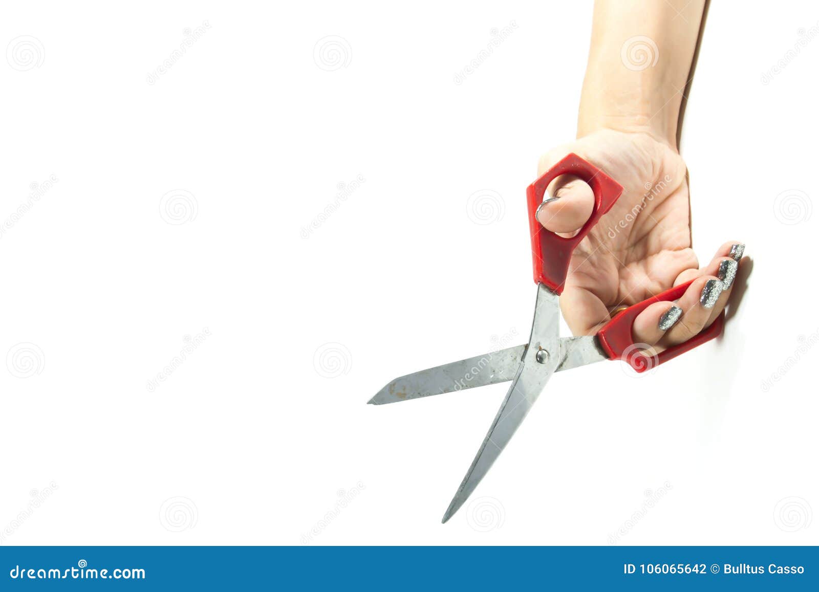 A Hand Holds on Weight a Red Scissors a Little Open Stock Photo - Image ...