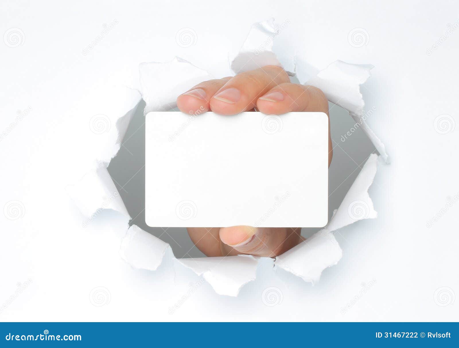 Hand Holds White Card through Torn Paper Stock Photo - Image of hand ...