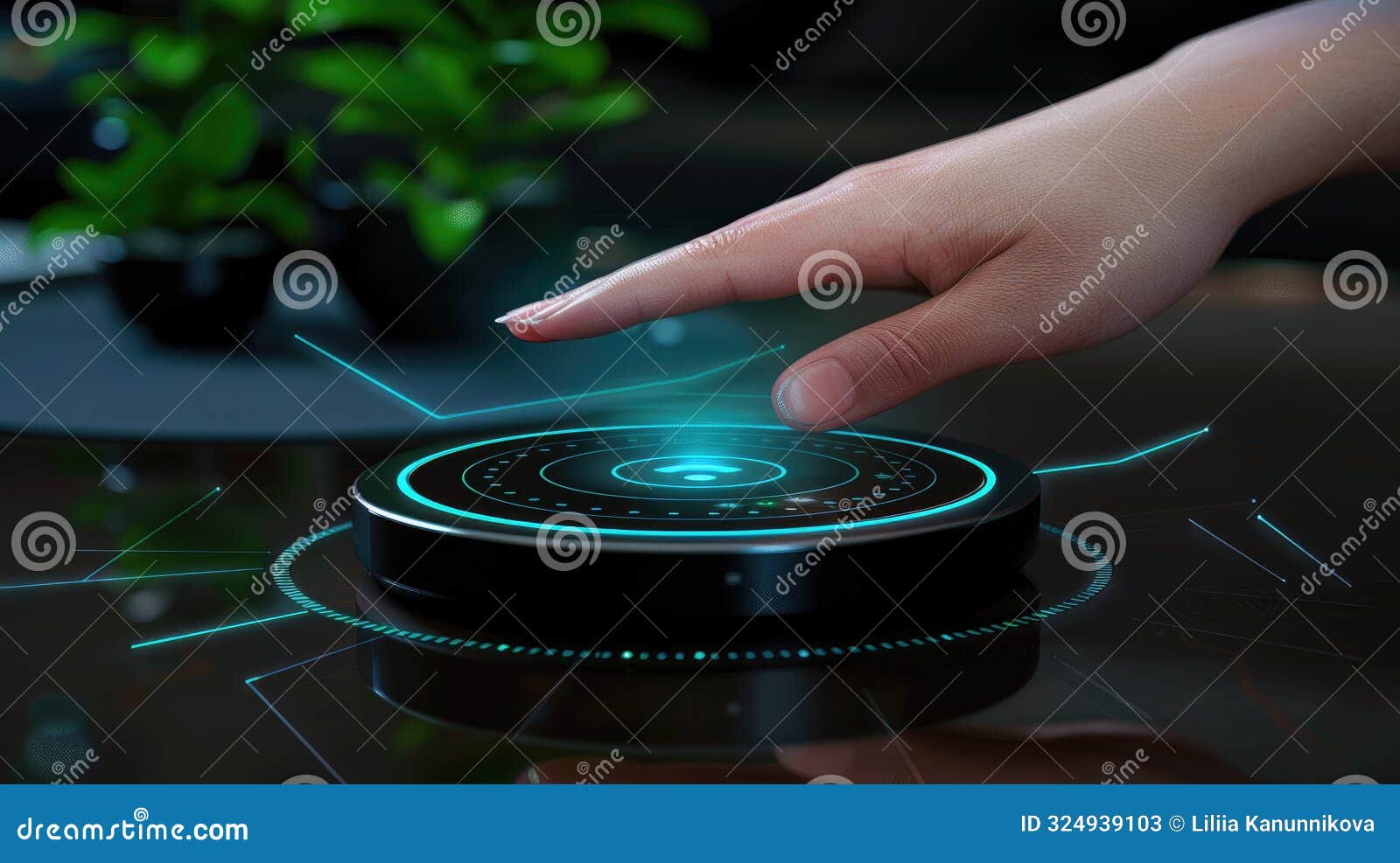 A Hand Hovers Over a Circular Touchscreen Device, with a Glowing Blue ...