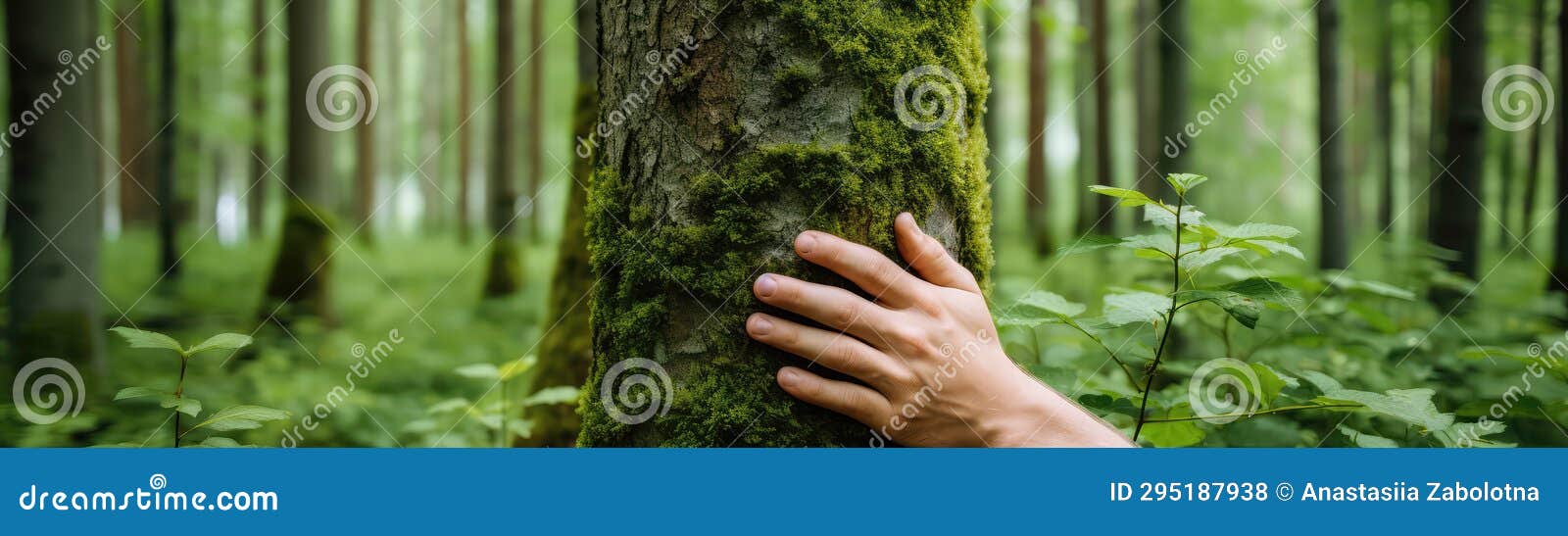 Hand Hugging The Broad Trunk Of Tree With Green Vegetation In The Woods ...