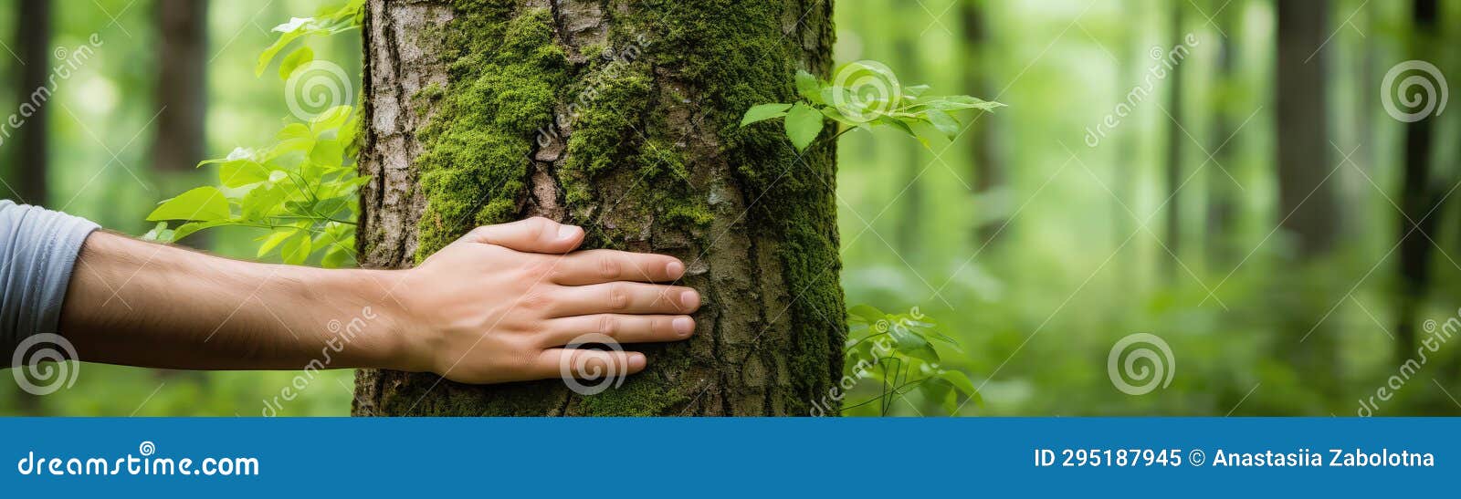 Hand Hugging the Broad Trunk of Tree with Green Vegetation in the Woods ...