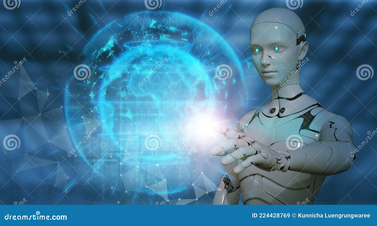 Hand Humanoid Robot Touch Global Futuristic Network Connection. 3D ...