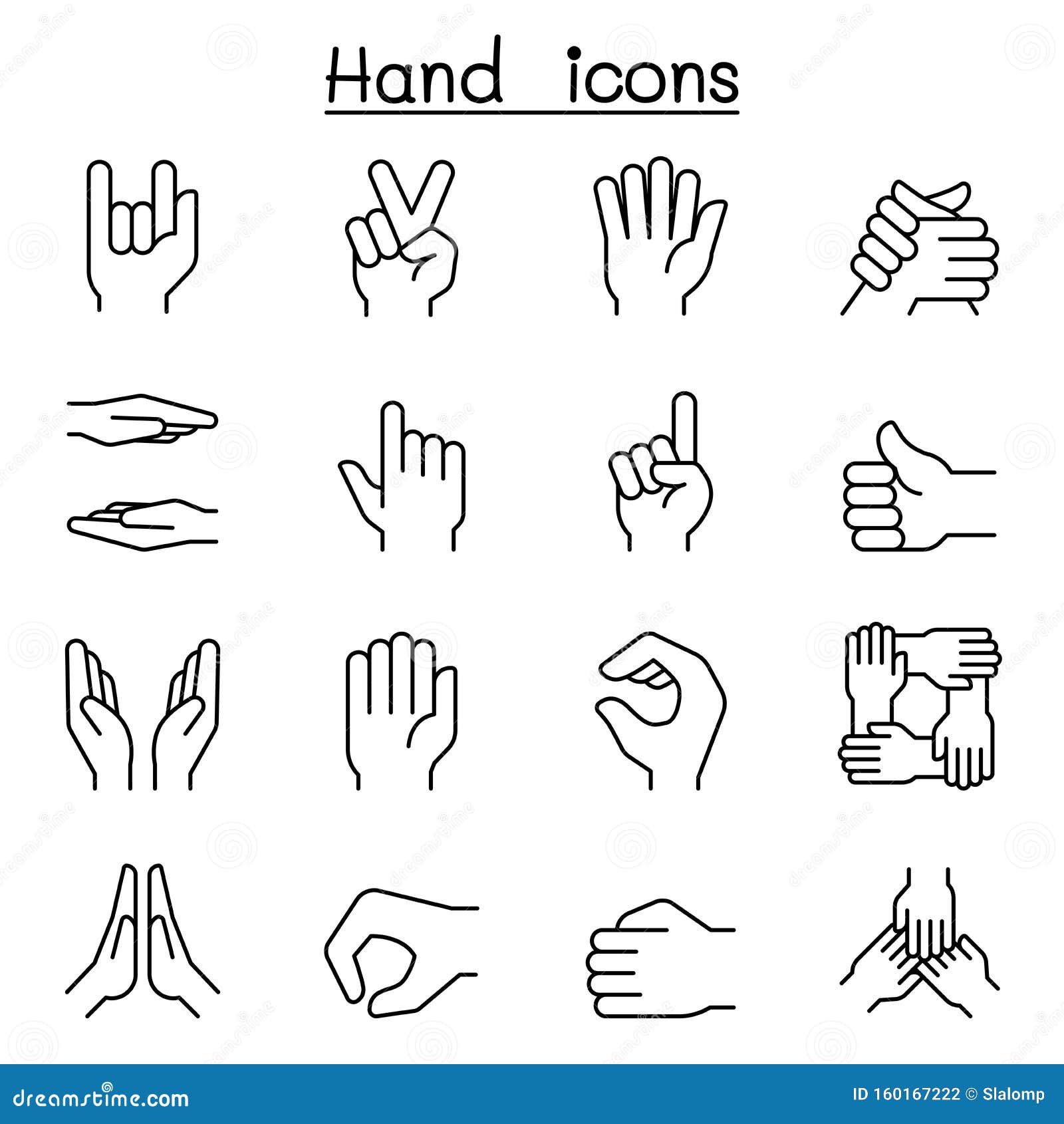 Hand Icon Set in Thin Line Style Stock Vector - Illustration of ...