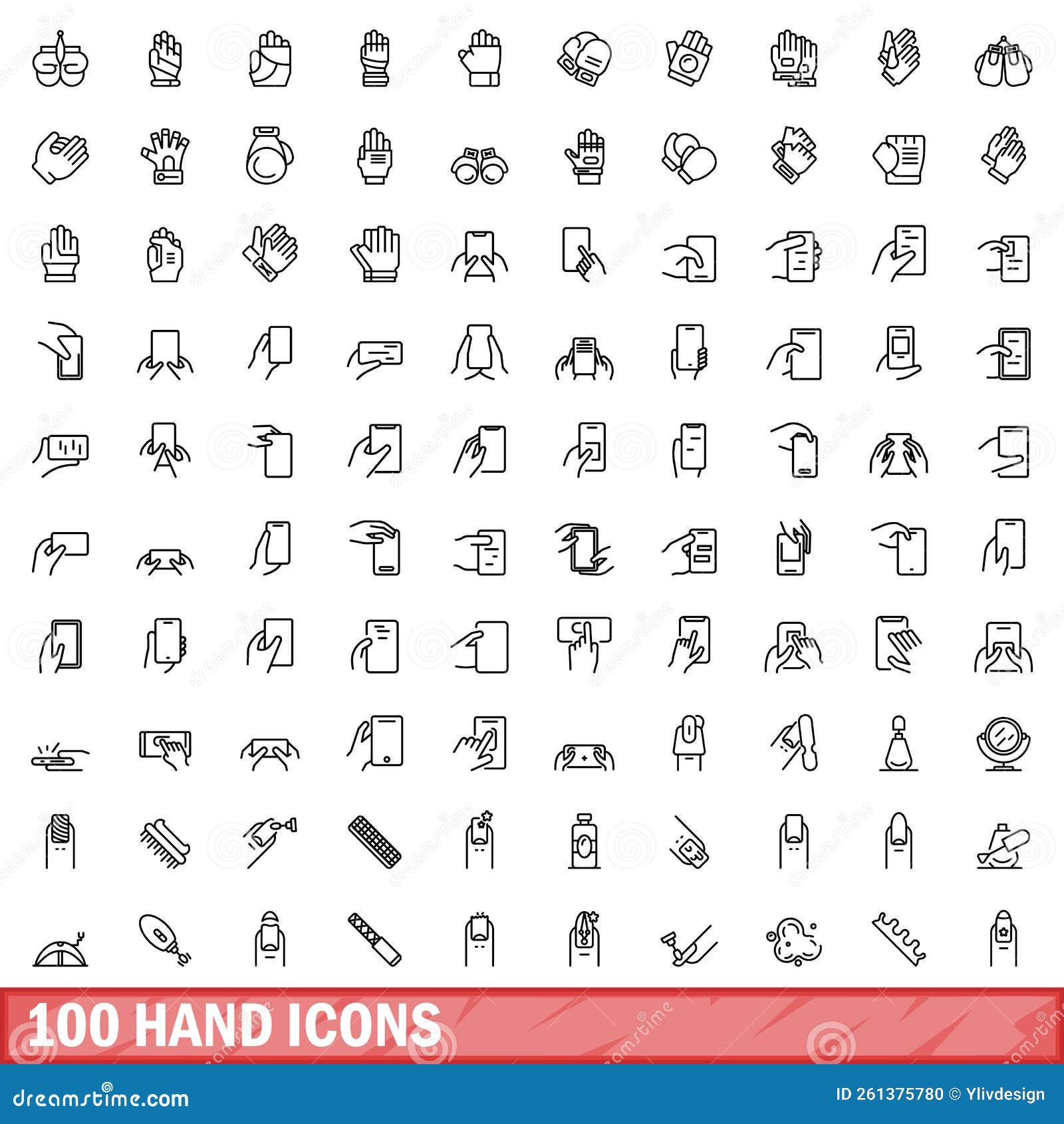 100 Hand Icons Set, Outline Style Stock Vector - Illustration of punch ...