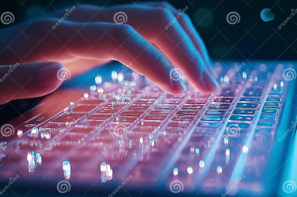 A Hand Inputs Text on a Keyboard Illuminated by Colorful Lights ...