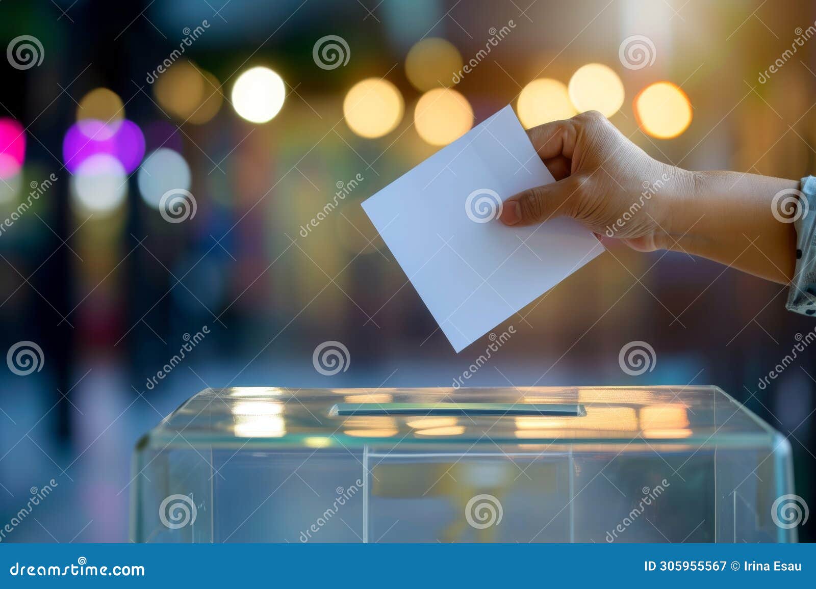 Hand Inserting Ballot into Box with Blurred Lights Background Stock ...