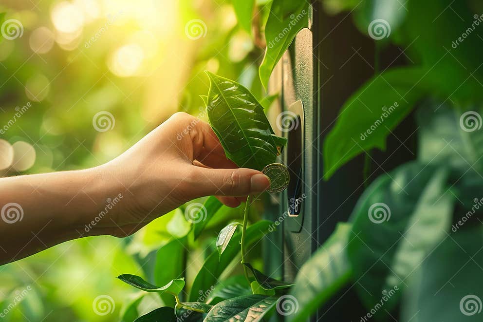 Hand Inserting a Coin into a Machine Surrounded by Lush Greenery Stock ...
