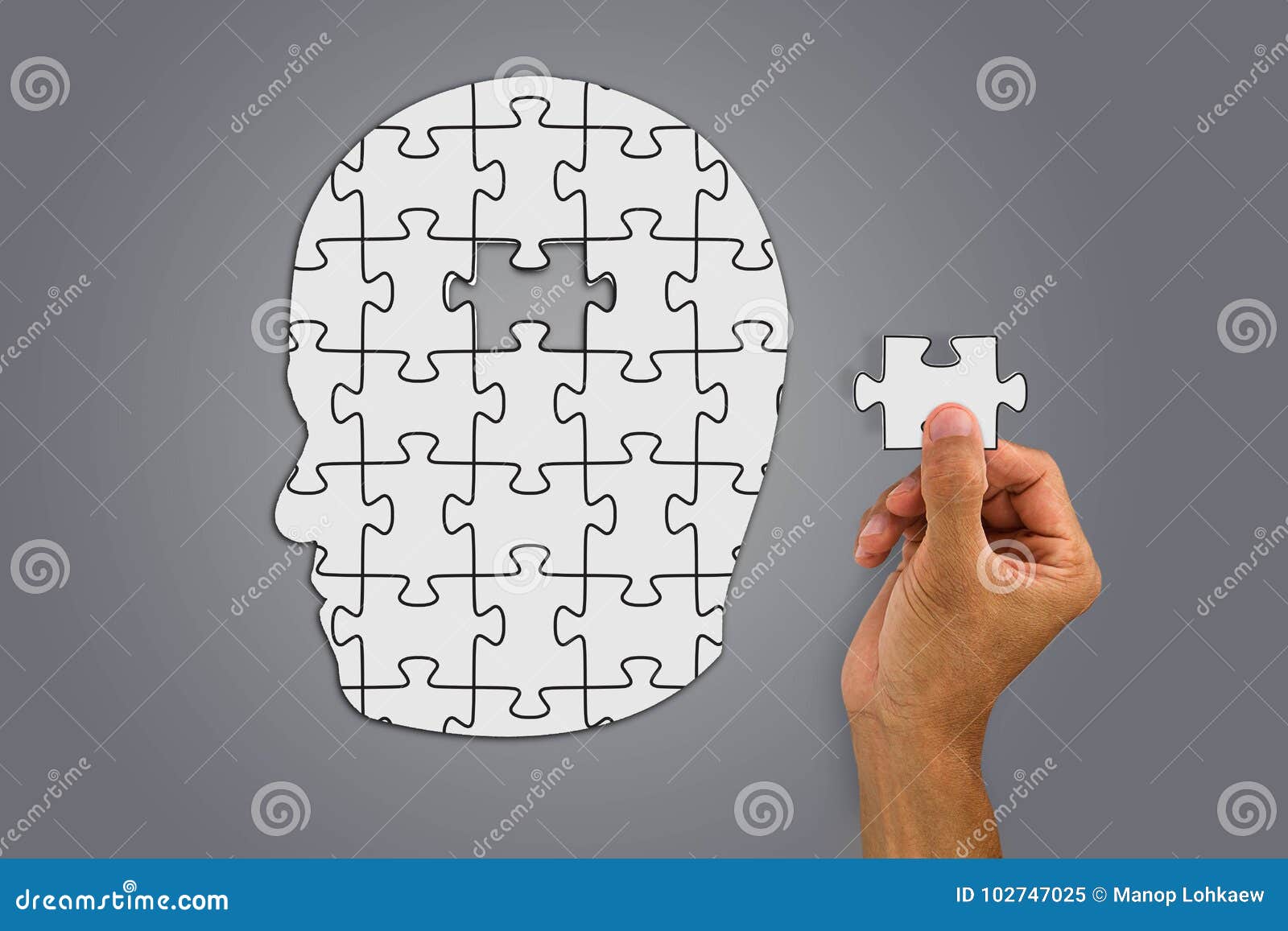 Hand Inserting Missing Brain Jigsaw in White Man`s Head Shape Stock ... Hand Inserting Missing Brain Jigsaw in White Man`s Head Shape Stock ...