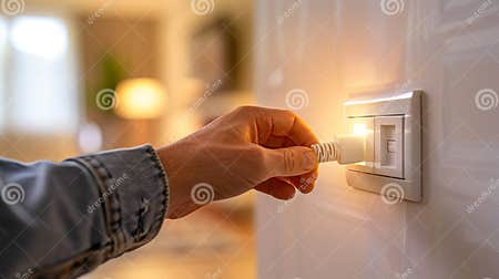 Hand Inserting a Power Plug into a Wall Socket, with a Clear View of ...