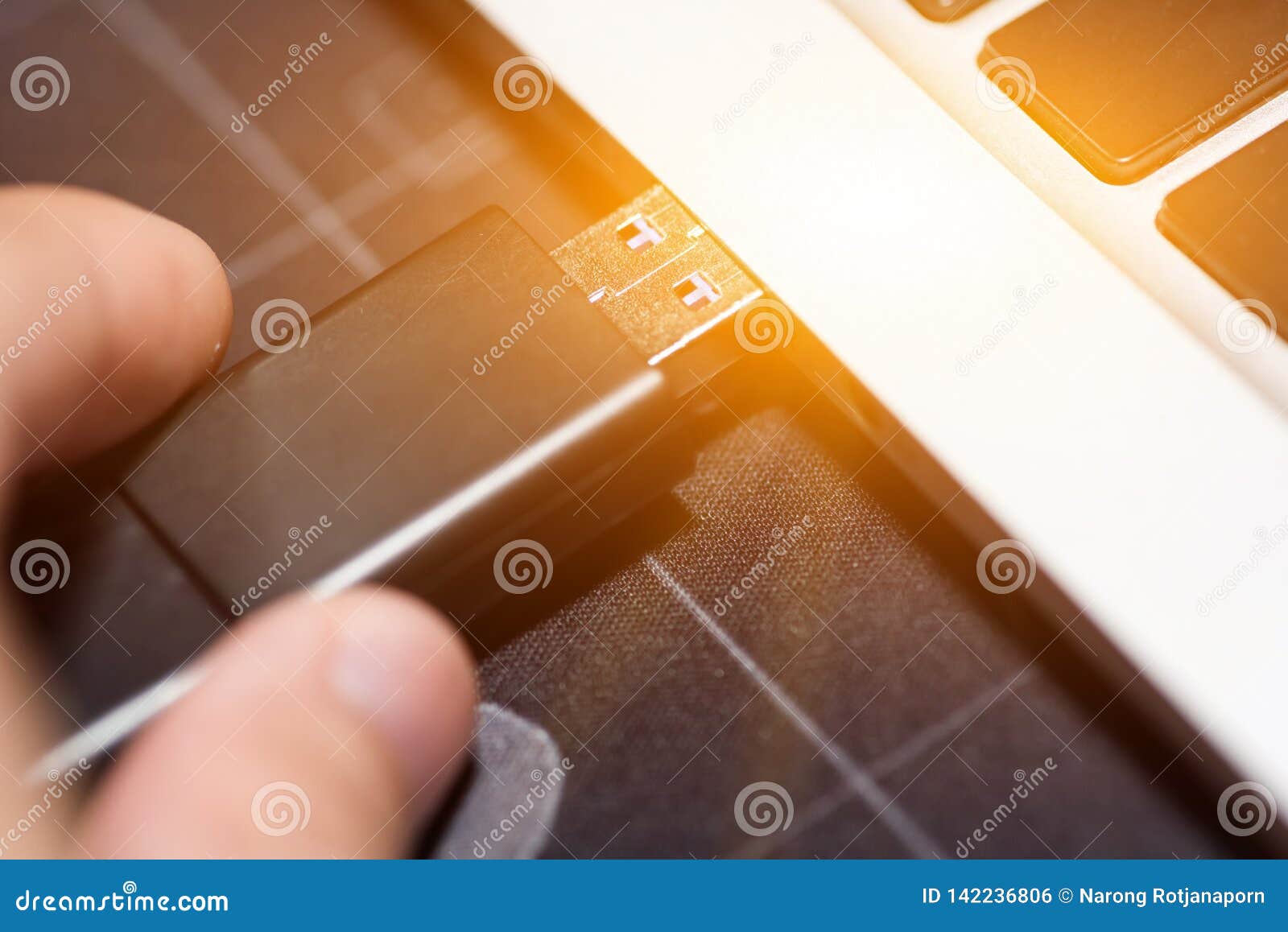 Hand Inserting USB Flash Memory Drive Plugged into a Computer Laptop ...