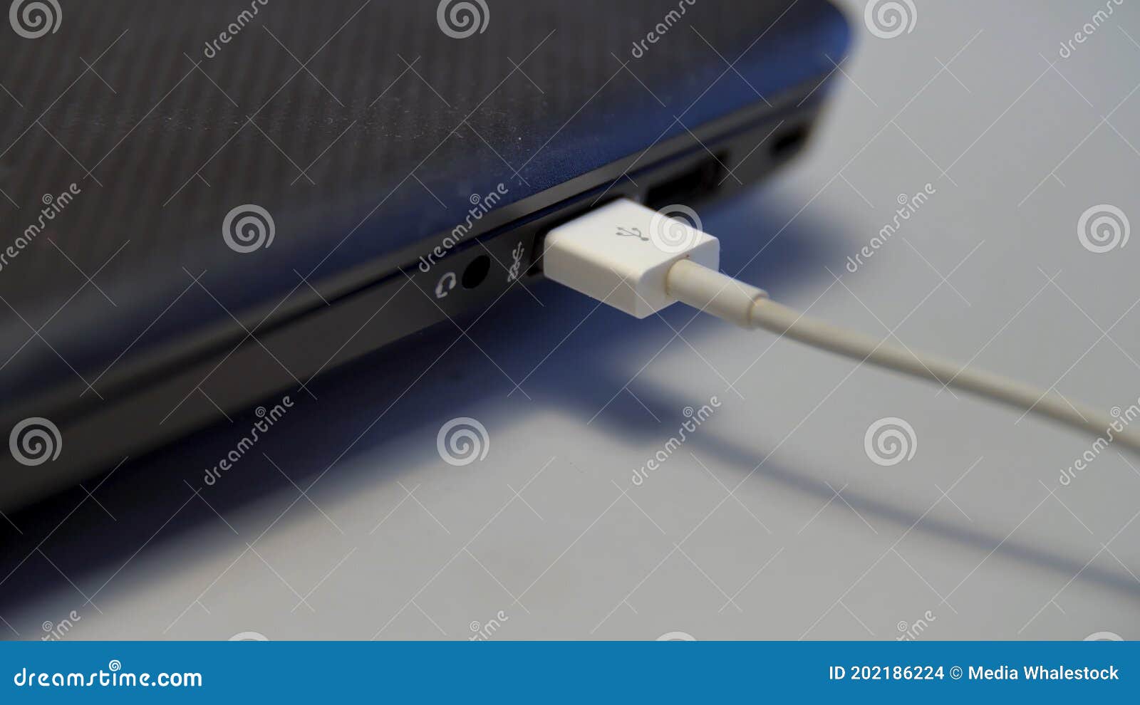 Hand Inserting White USB Cable into Laptop Isolated on White Background ...