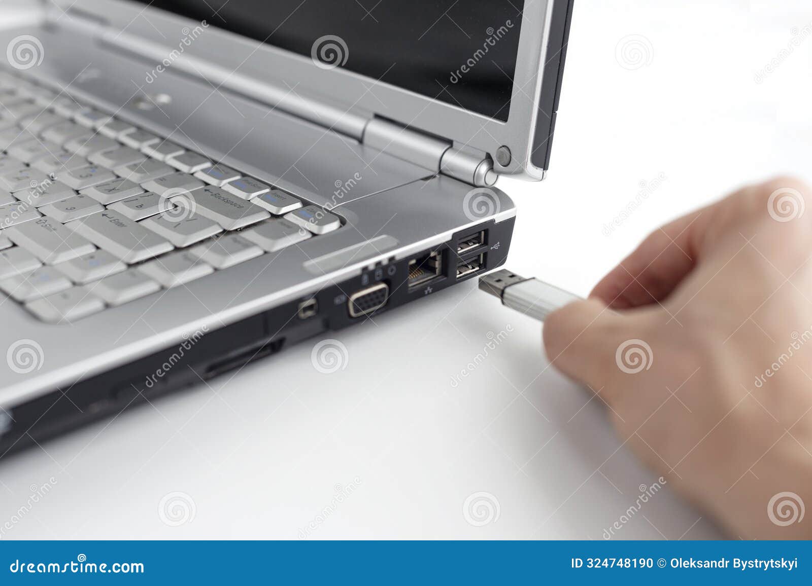 Hand Inserts Flash Drive into Laptop USB Port Stock Photo - Image of ...